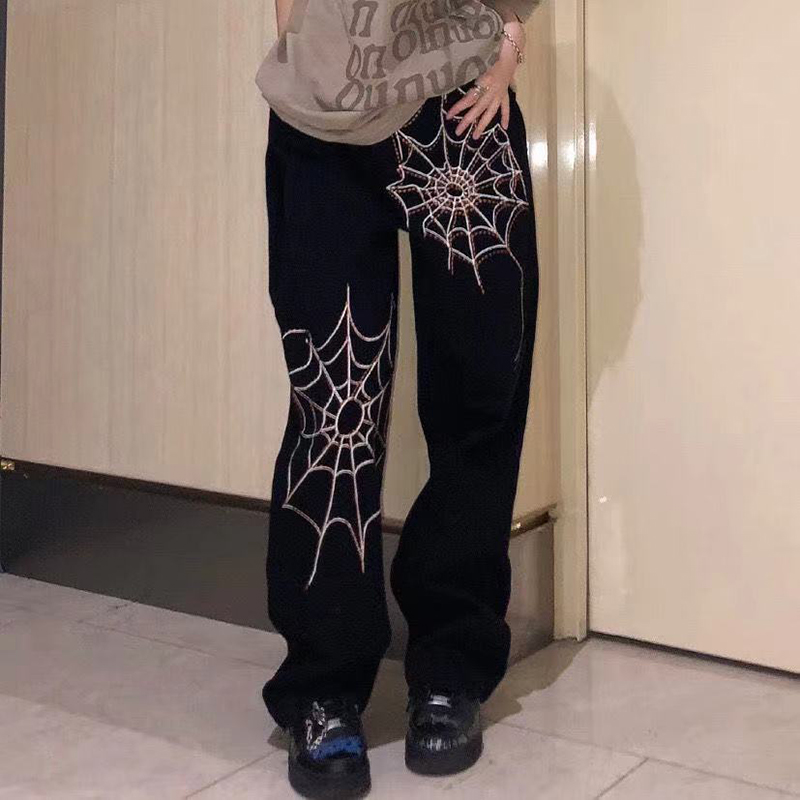 Spider Web Embroidered Straight Hip Hop Jeans - Helloice Apparel