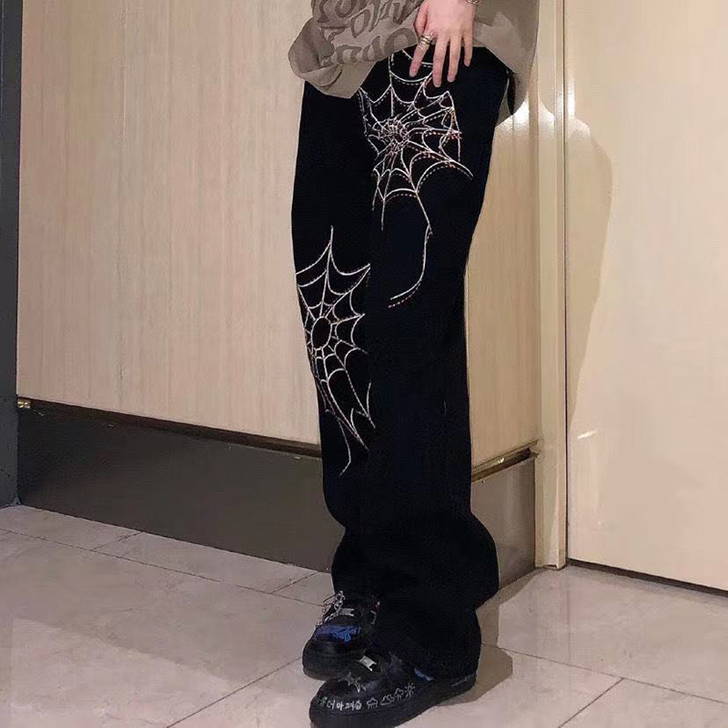 Spider Web Embroidered Straight Hip Hop Jeans - Helloice Apparel