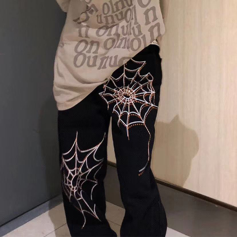 Spider Web Embroidered Straight Hip Hop Jeans - Helloice Apparel