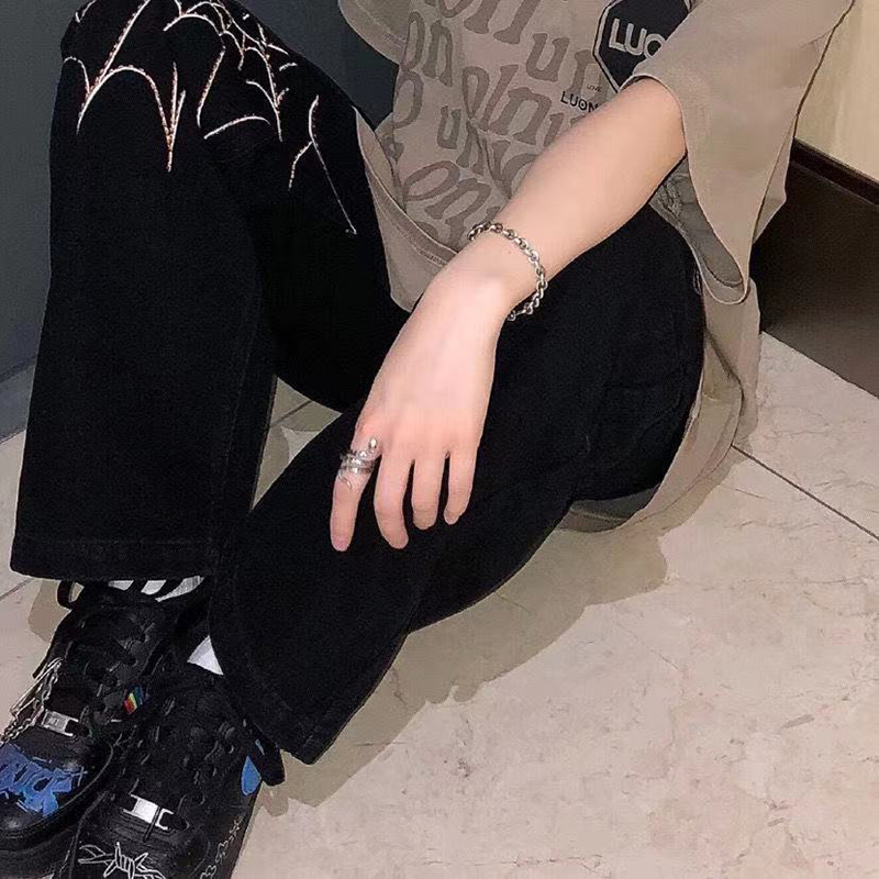 Spider Web Embroidered Straight Hip Hop Jeans - Helloice Apparel