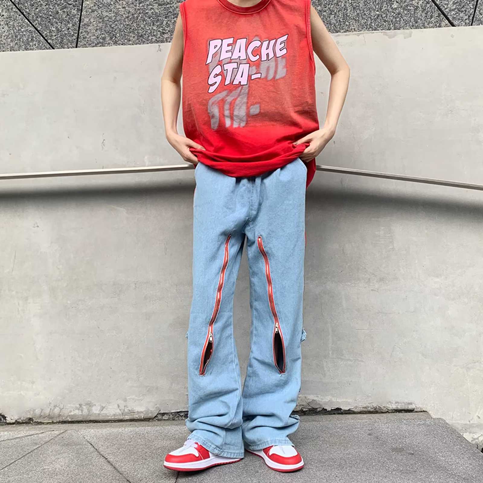 Hip Hop Retro Color Block Zip Jeans - Helloice Apparel