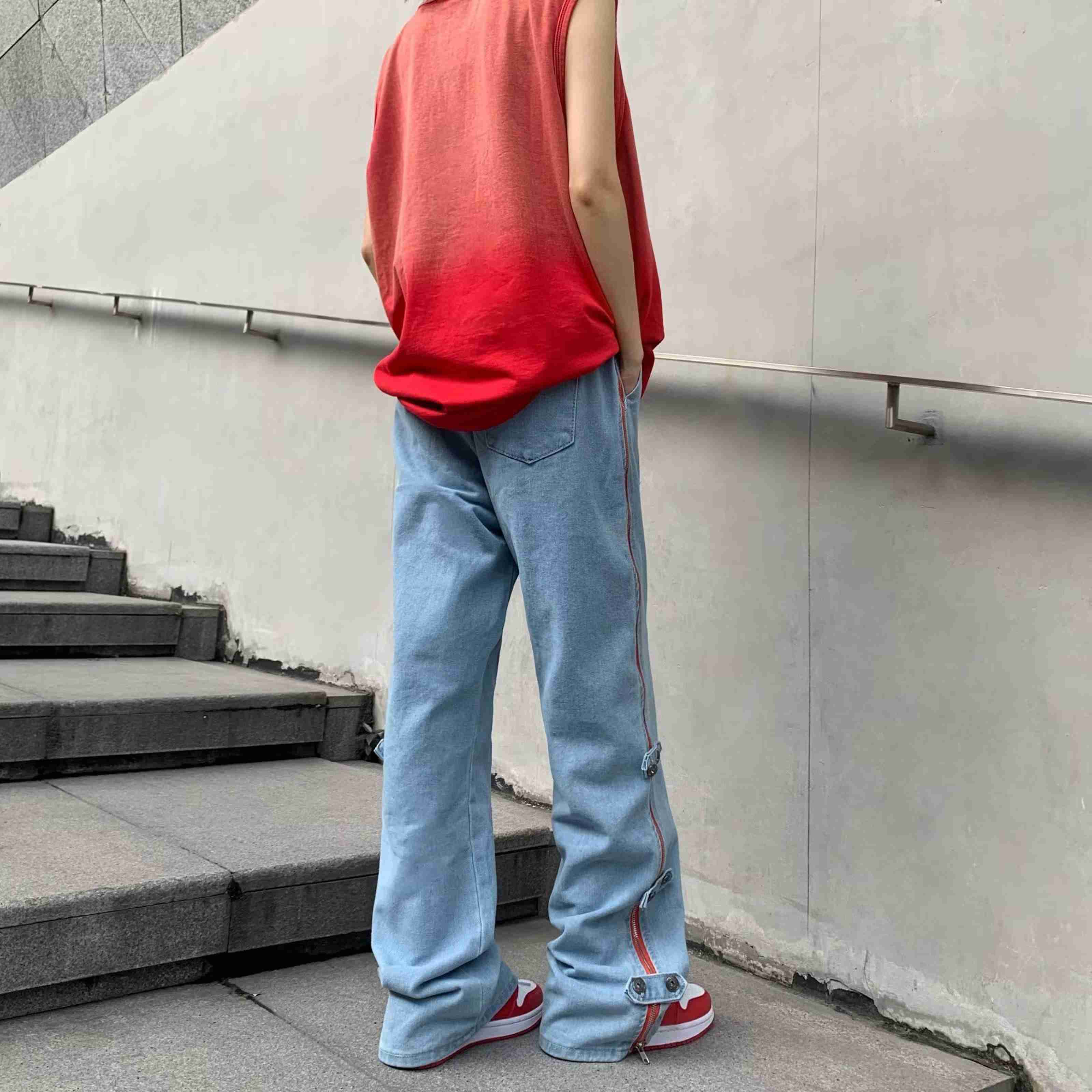 Hip Hop Retro Color Block Zip Jeans - Helloice Apparel