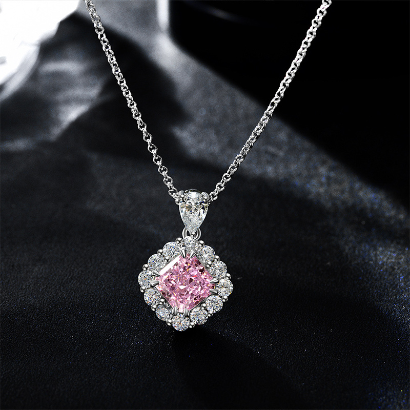 Stunning Pink Radiant Cut Halo Sterling Silver Necklace - Helloice Jewelry