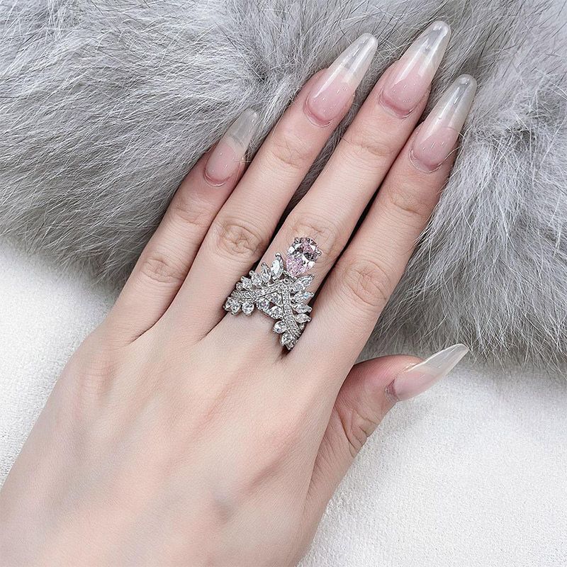 Elegant Micro Paved Feather Crown Engagement Ring & Earring Set - Helloice