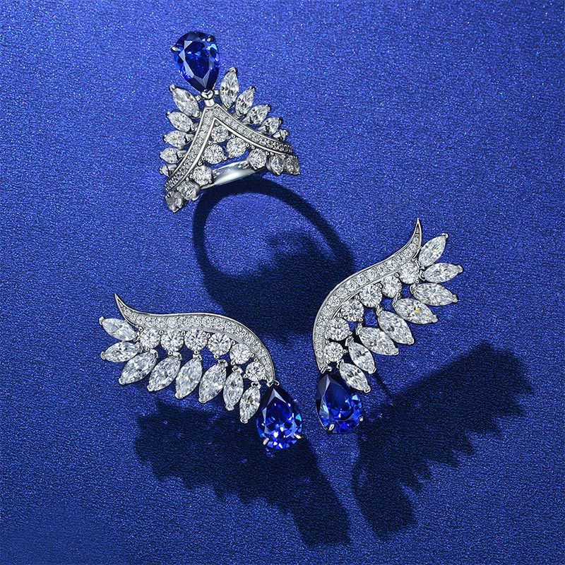 Elegant Micro Paved Feather Crown Engagement Ring & Earring Set - Helloice