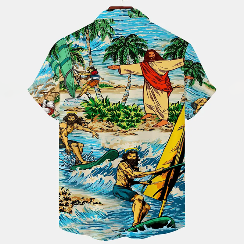 Hawaiian Jesus Print Short Sleeve Shirt - Helloice Apparel