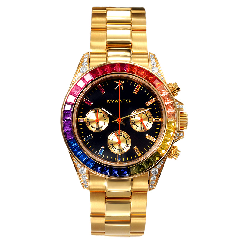 40mm Rainbow Iced Black Dial Watch in Gold - Helloice