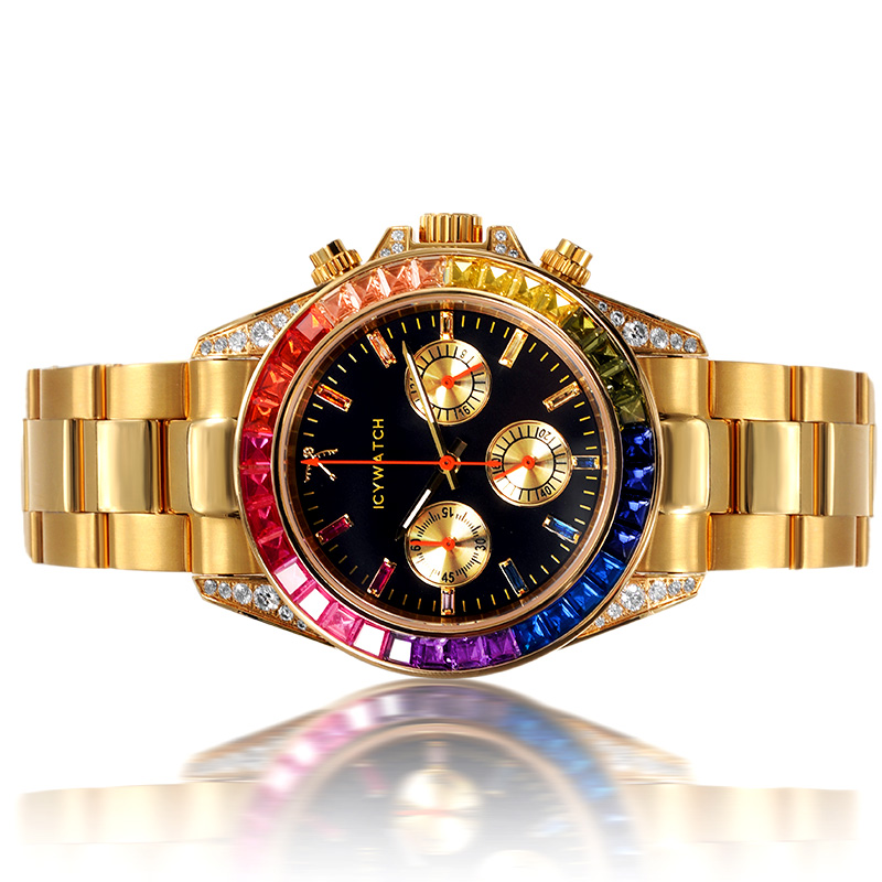 40mm Rainbow Iced Black Dial Watch in Gold - Helloice