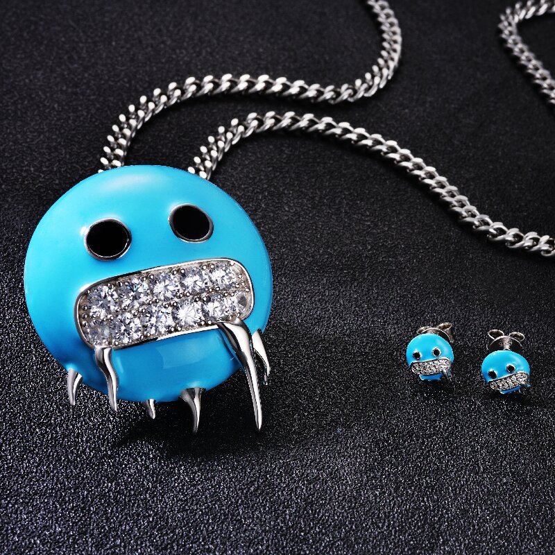 Iced Emoji Enamel Pendant & Stud Earrings Set - Helloice