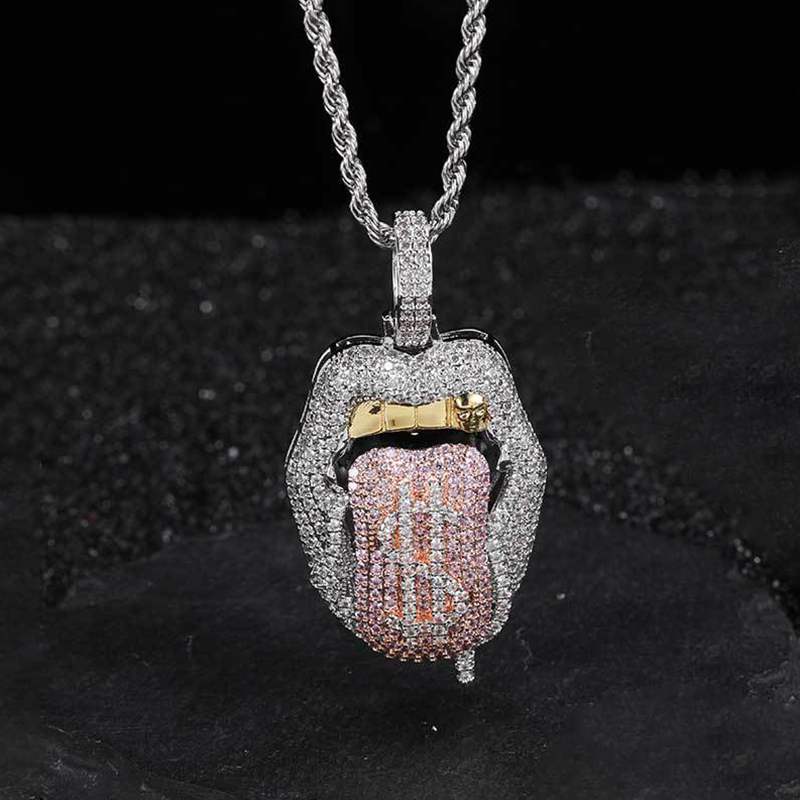 Iced Out Pink Diamonds Lips & Tongue Pendant - Helloice