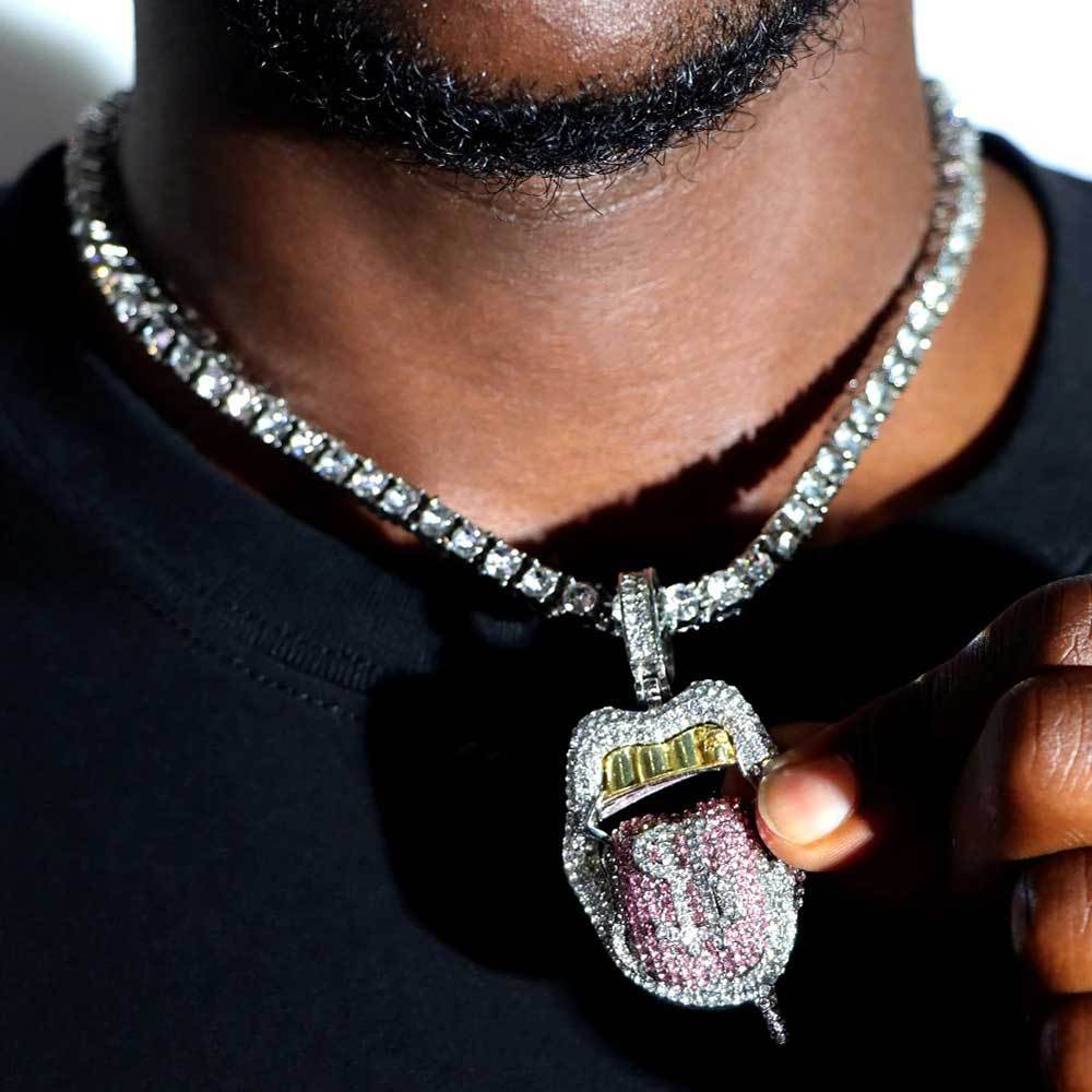 Iced Out Pink Diamonds Lips & Tongue Pendant - Helloice