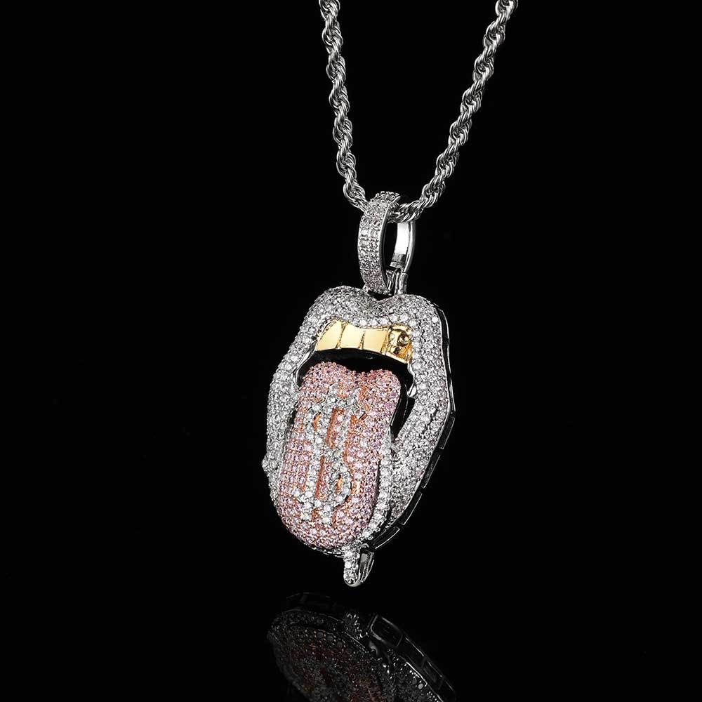 Iced Out Pink Diamonds Lips & Tongue Pendant - Helloice