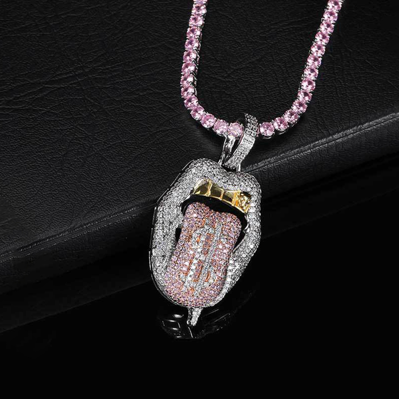 Iced Out Pink Diamonds Lips & Tongue Pendant - Helloice