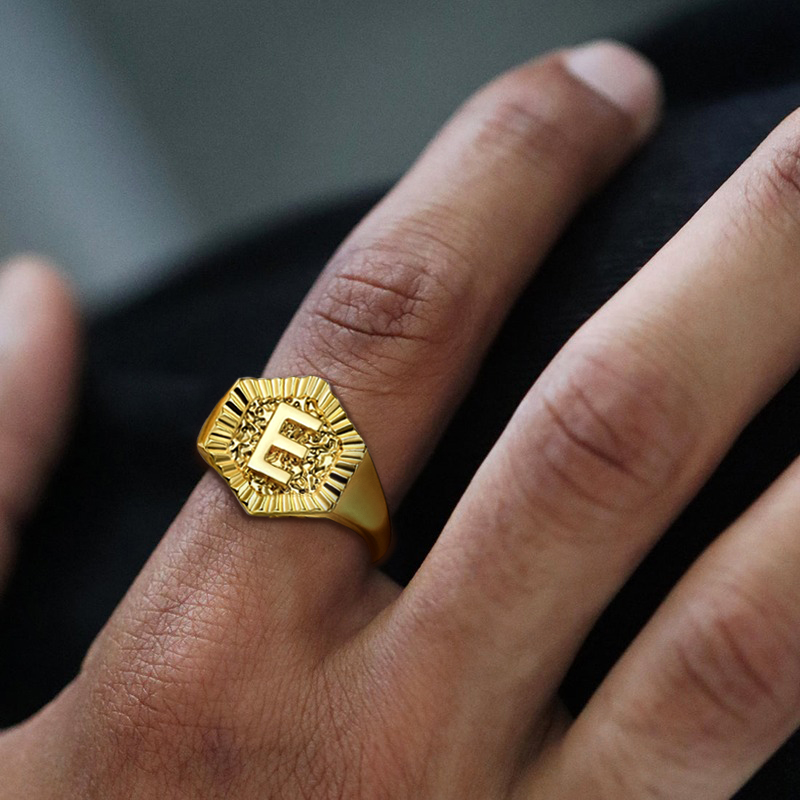 A-Z Letters Hexagon Rings in Gold - Helloice