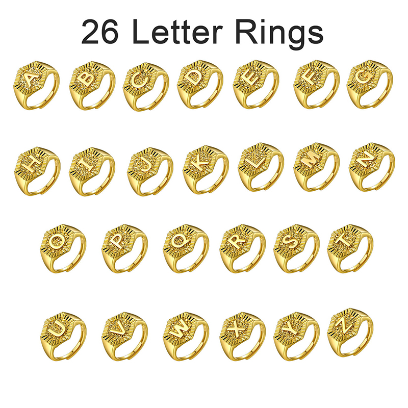 A-Z Letters Hexagon Rings in Gold - Helloice Jewelry