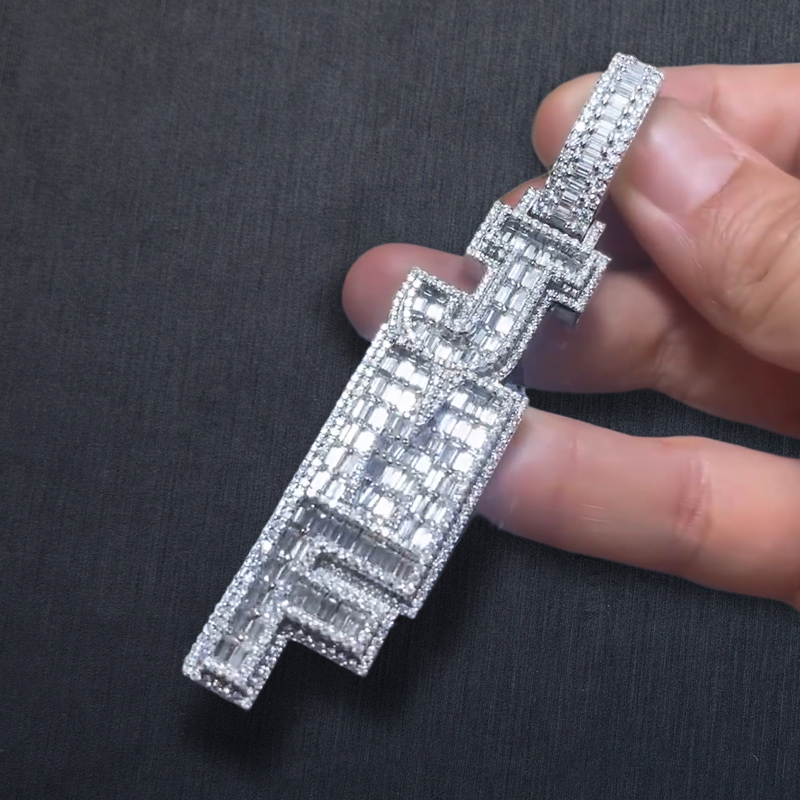 Custom Double Layer Baguette Cut Letters Vertical Name Pendant - Helloice Jewelry