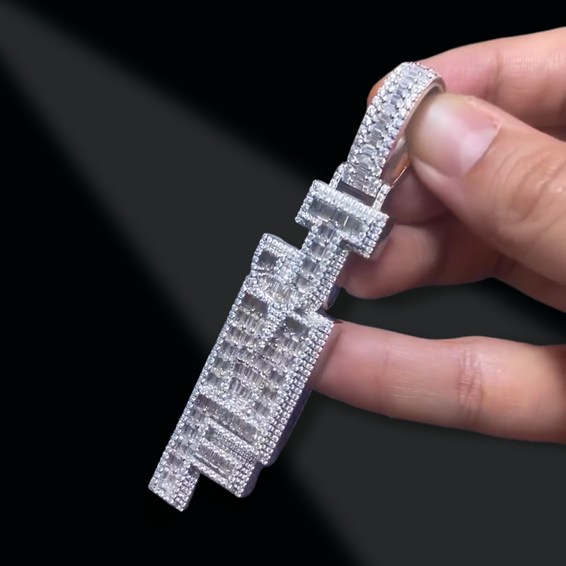 Custom Double Layer Baguette Cut Letters Vertical Name Pendant - Helloice Jewelry