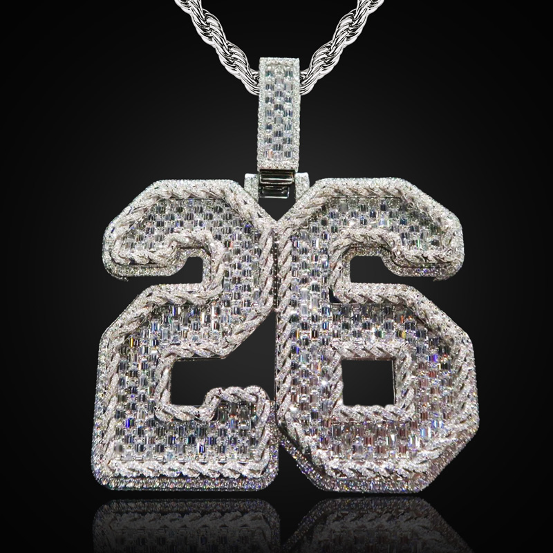 Iced Out Custom Baguette Cut Rope Chain Numbers/Letters Name Pendant ...