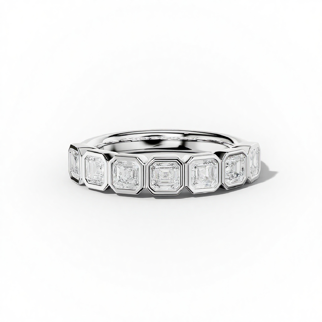 Bezel Set Asscher Cut VVS Moissanite Wedding Band - Helloice