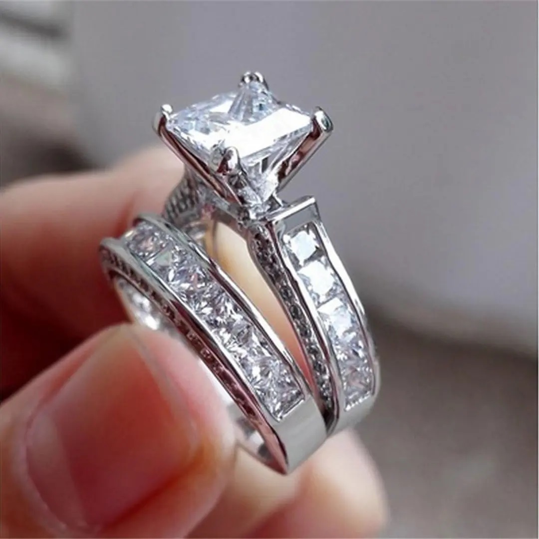 5.1CT Princess & Round Cut VVS Moissanite S925 Silver Engagement Ring Set - Helloice
