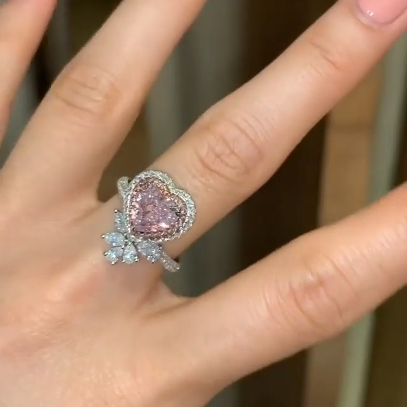3.75CT Heart Cut Pink Diamond Halo Engagement Ring - Helloice