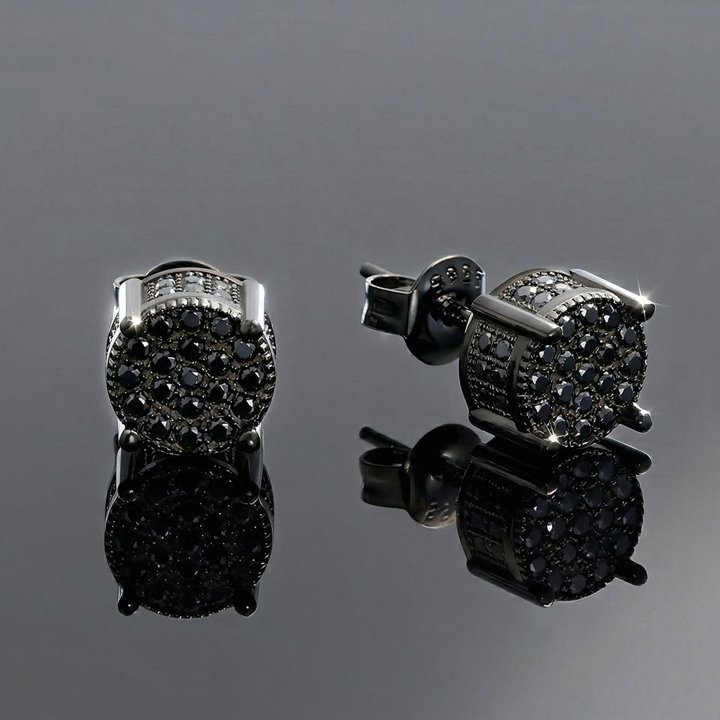 Micro Paved Round Cut Stud Earrings in Black Gold Plated - Helloice